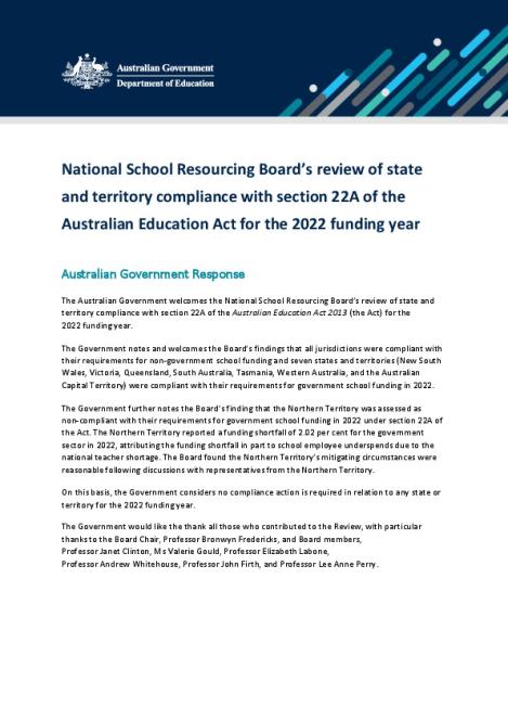 National School Resourcing Board's review of state and territory compliance with section 22A of ...